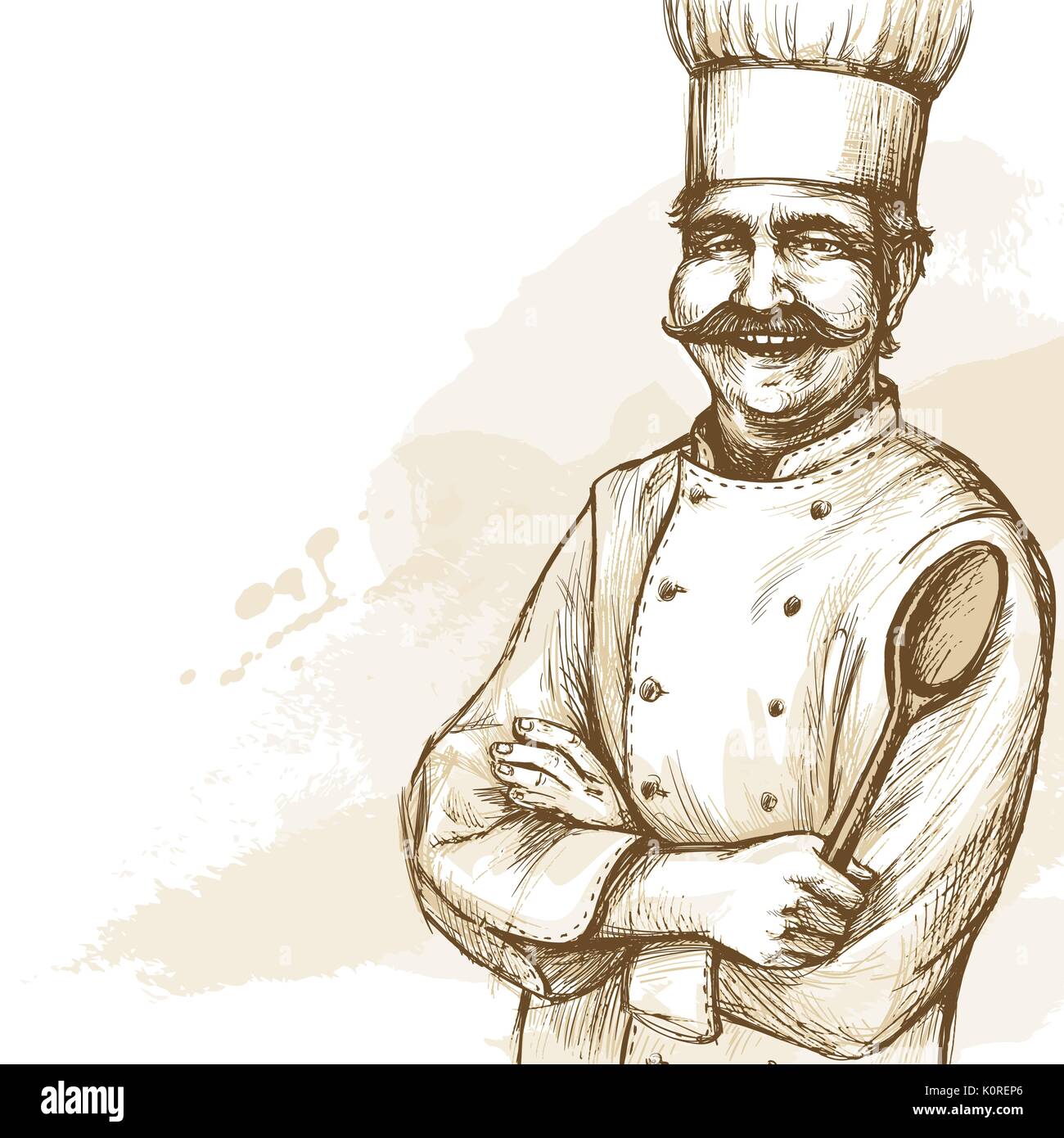 Smiling and happy chef. Vector hand drawn illustration on artistic ...