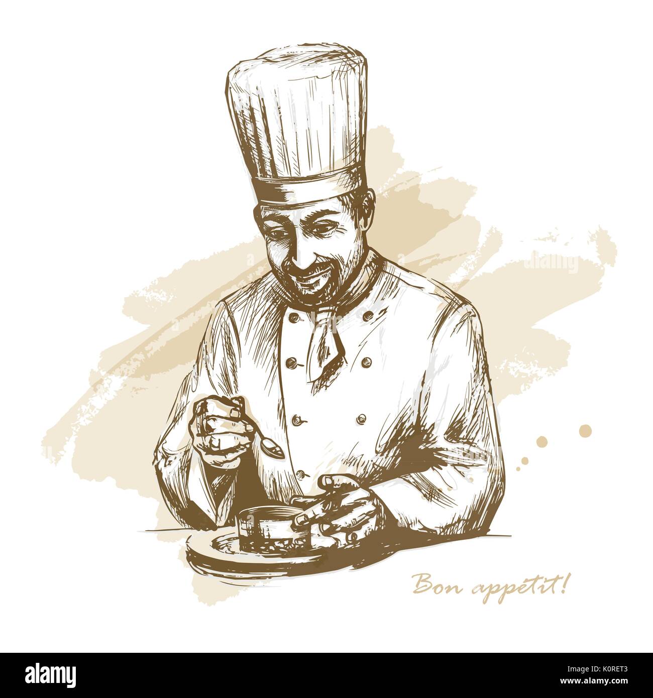 Smiling and happy male chef garnishing food. Vector hand drawn ...