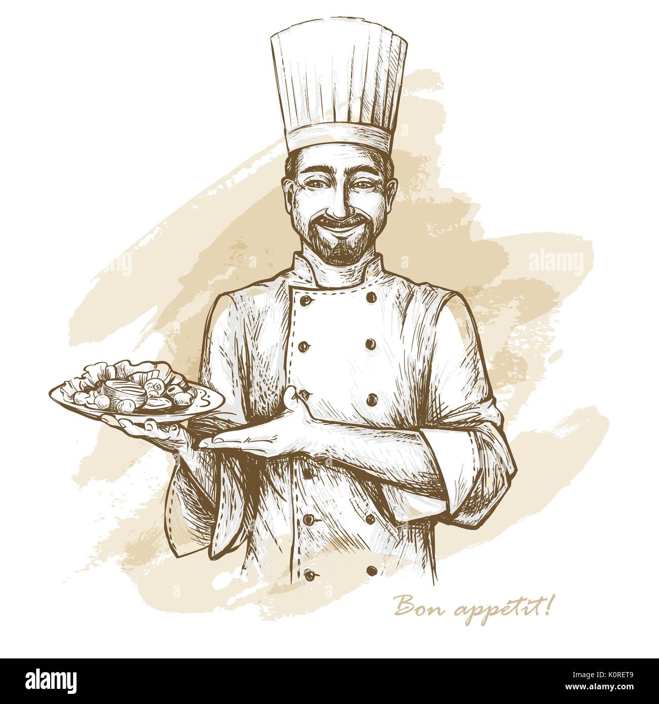 Smiling and happy chef with plate. Vector hand drawn illustration on ...