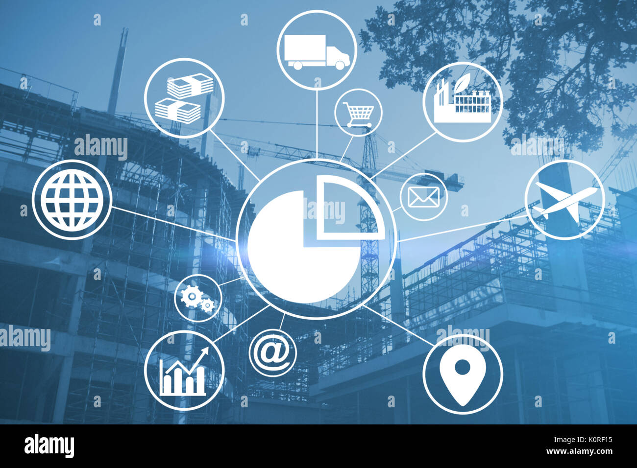 Composite image of pie chart amidst various icons against cranes at ...