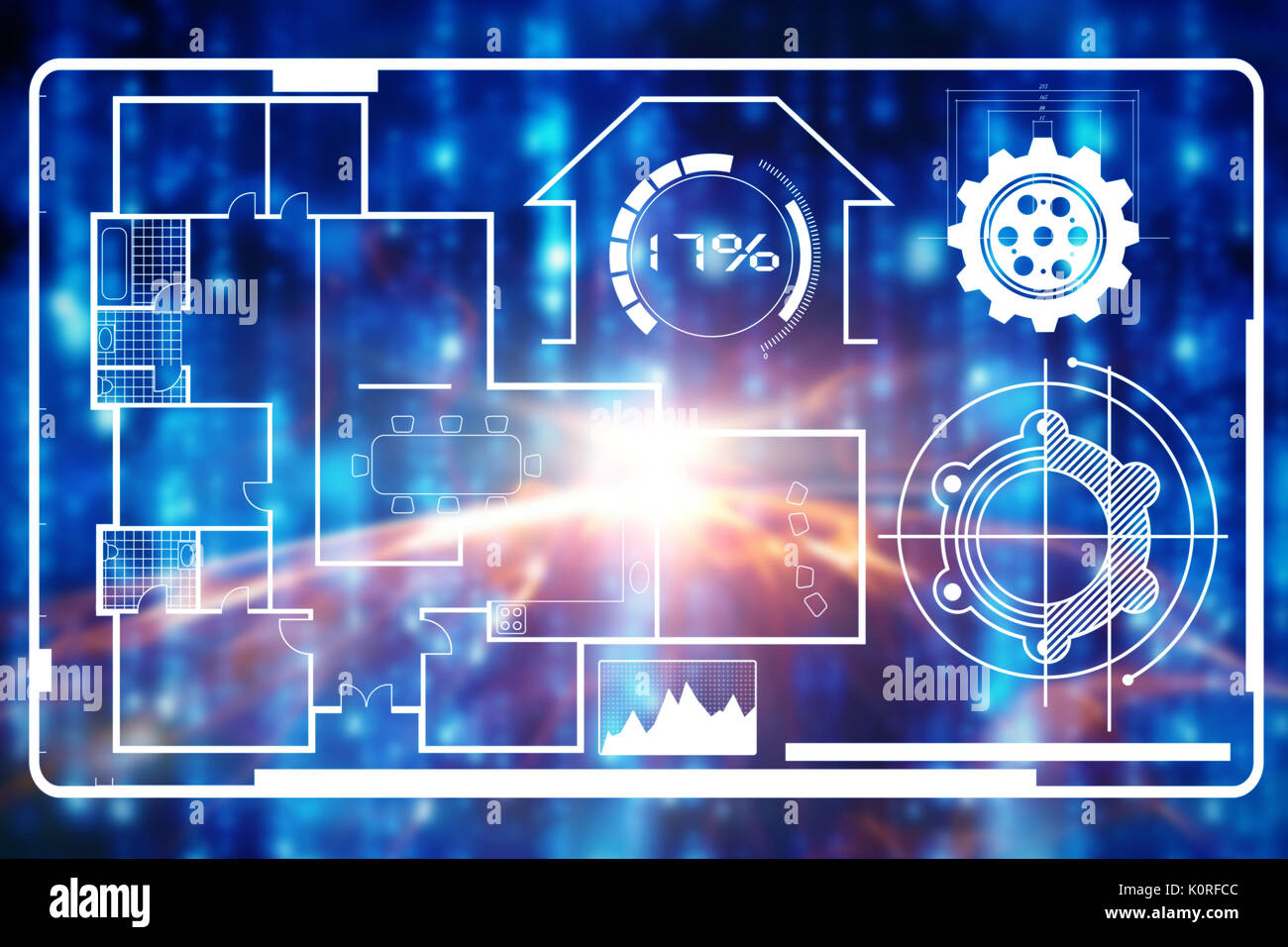 Digital composite image of blueprint against glowing matrix Stock Photo ...