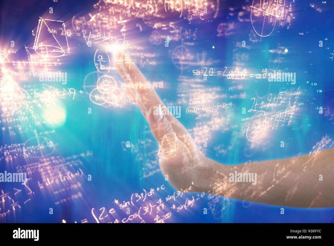 Hand of man pretending to touch invisible screen against illustration ...