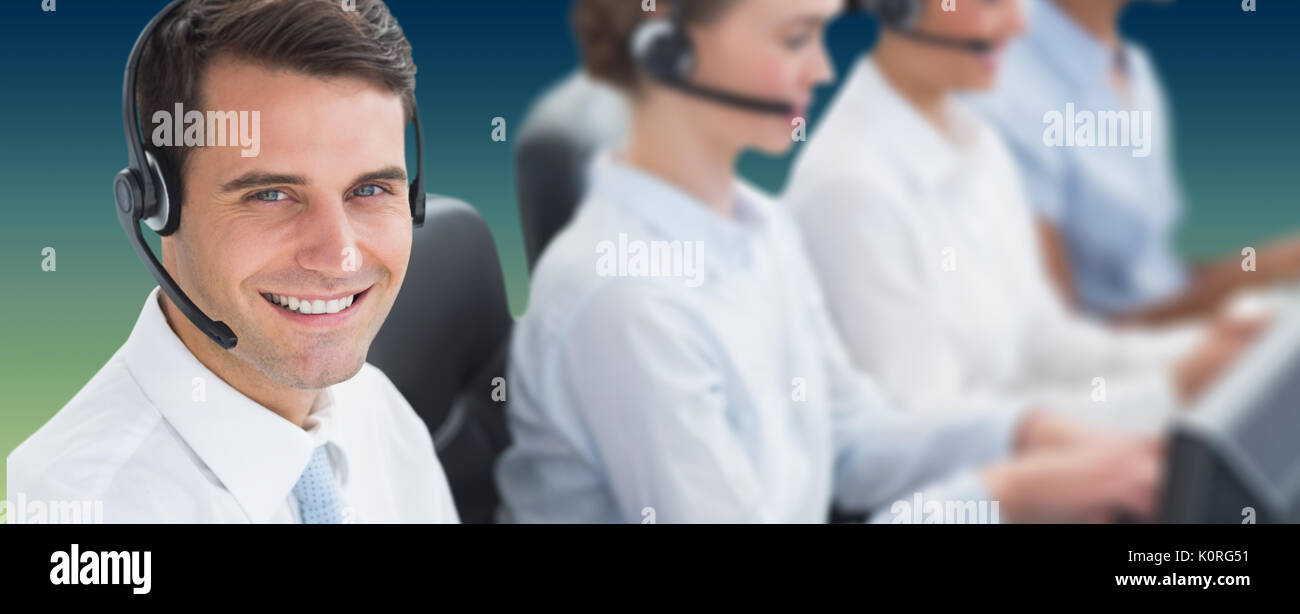 Business people with headsets using computers against green and blue ...