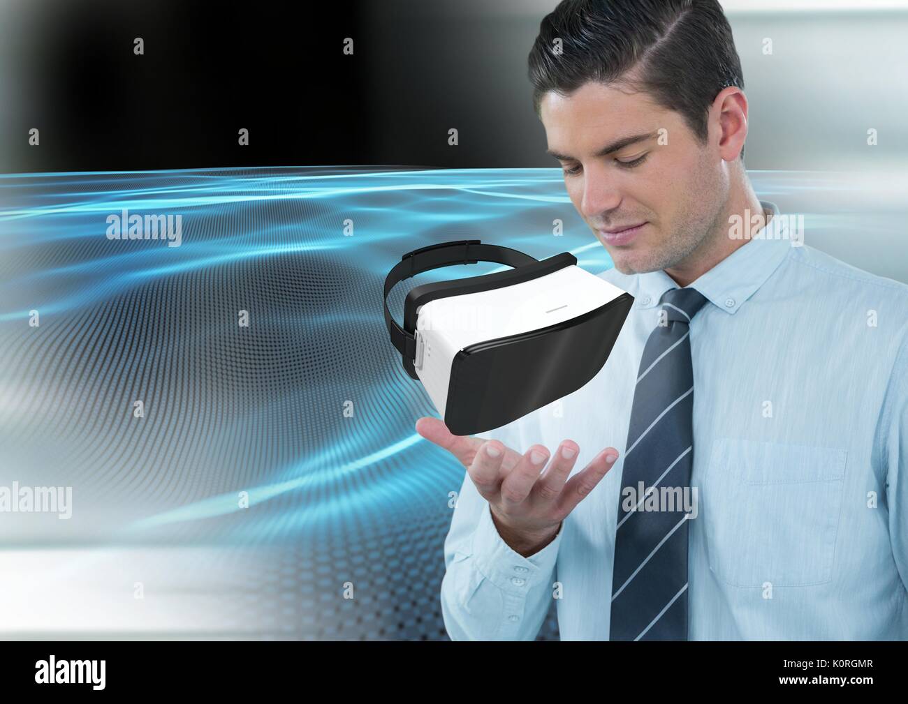 Digital composite of Man touching and interacting with virtual reality ...