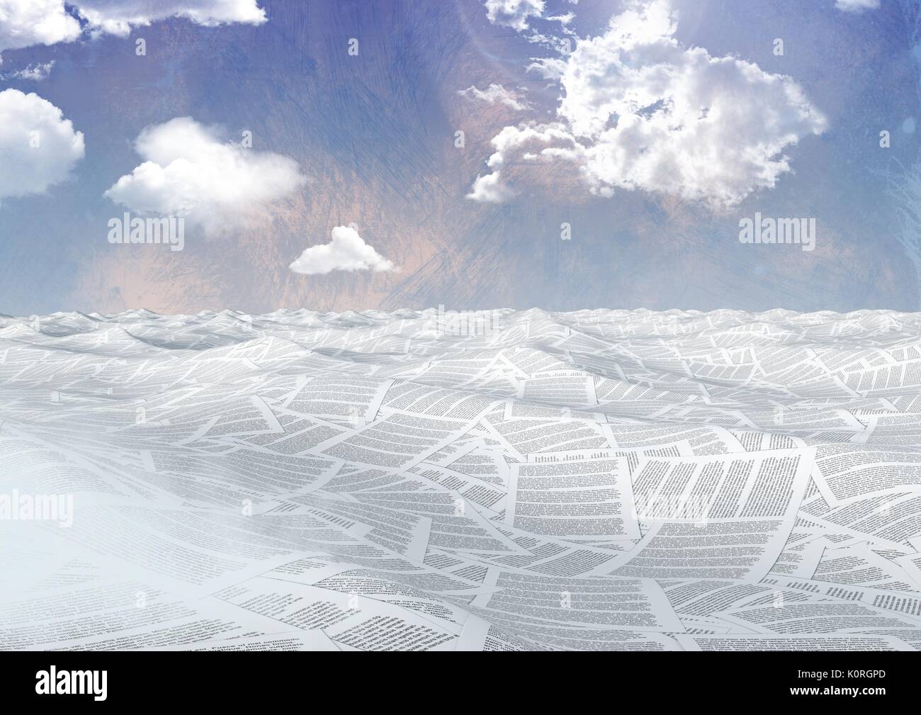 Digital composite of sea of documents under sky clouds with briefcase ...