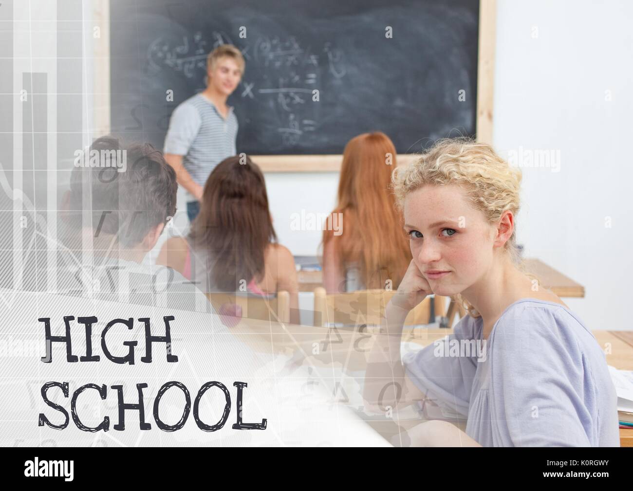 Digital composite of High School text and Students in class Stock Photo ...
