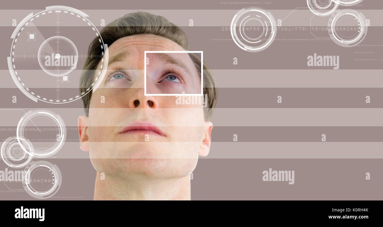 Digital composite of man with eye focus box detail and lines interface ...