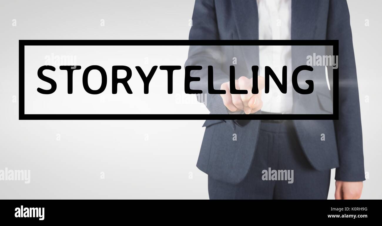Digital composite of Hand interacting with storytelling business text ...