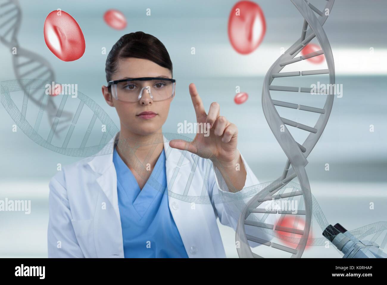 Digital composite of Doctor woman pointing with 3D DNA strands and ...