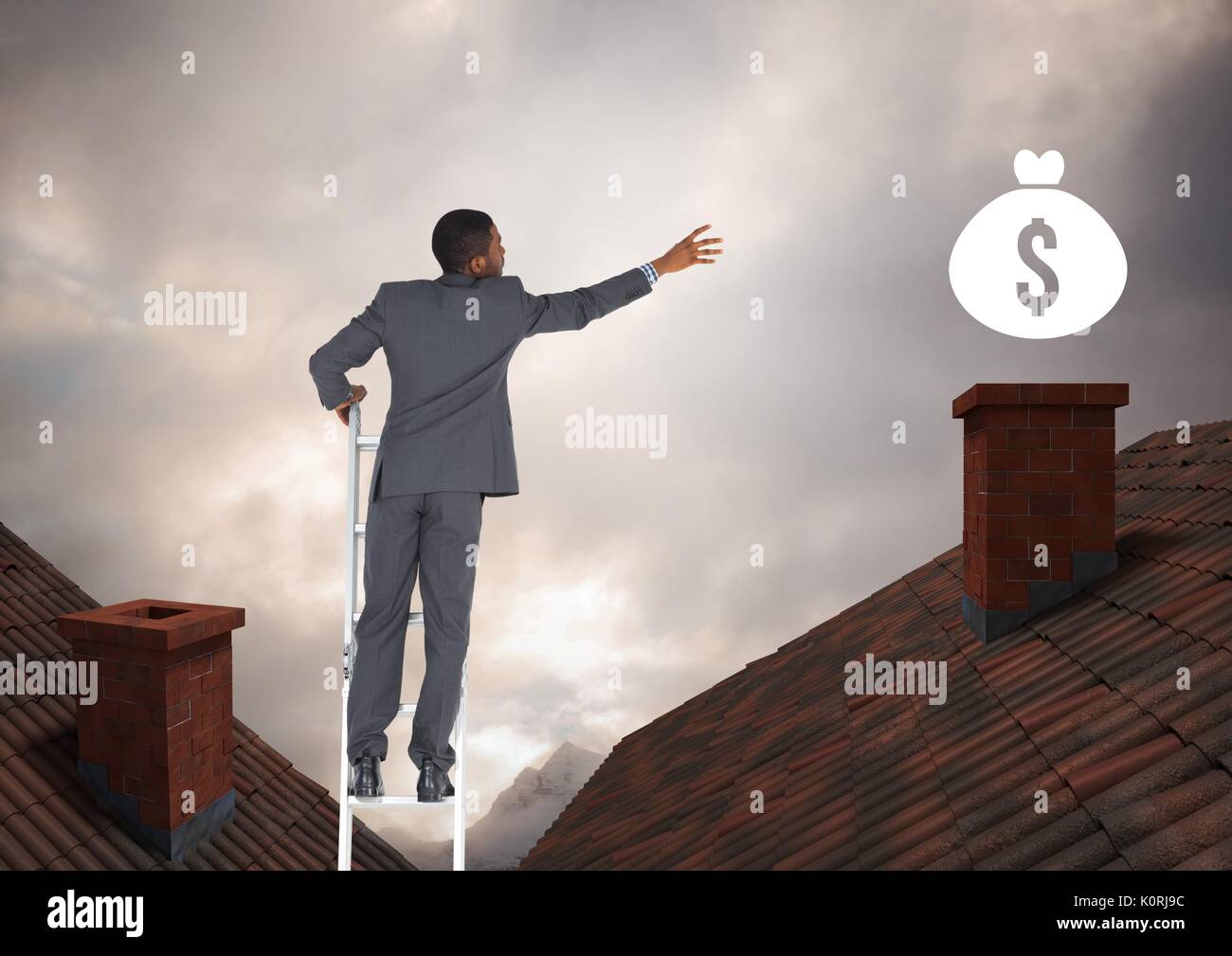 Digital composite of Businessman on property ladder reaching for money ...