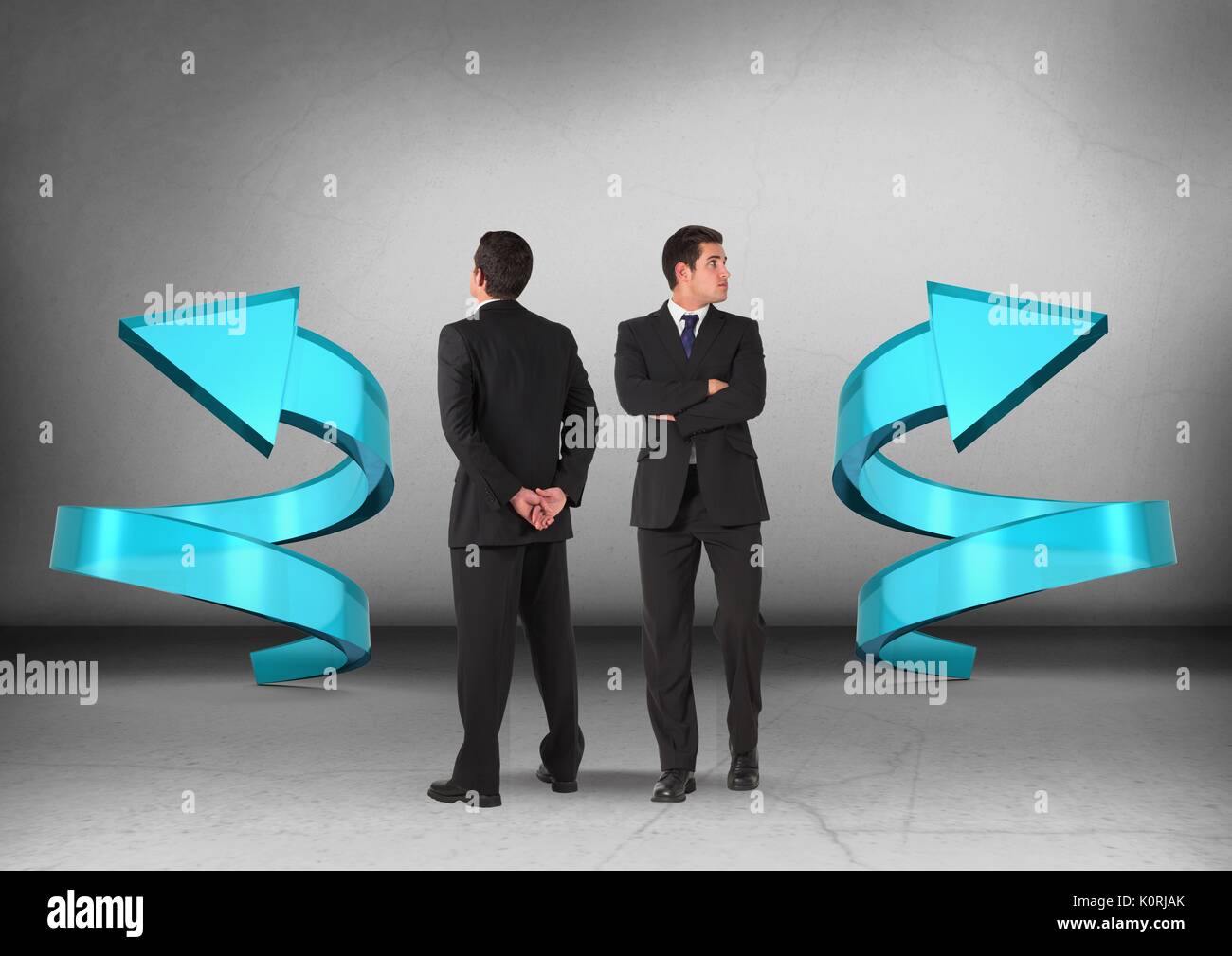 Digital composite of Left or right arrows with Businessman looking in ...