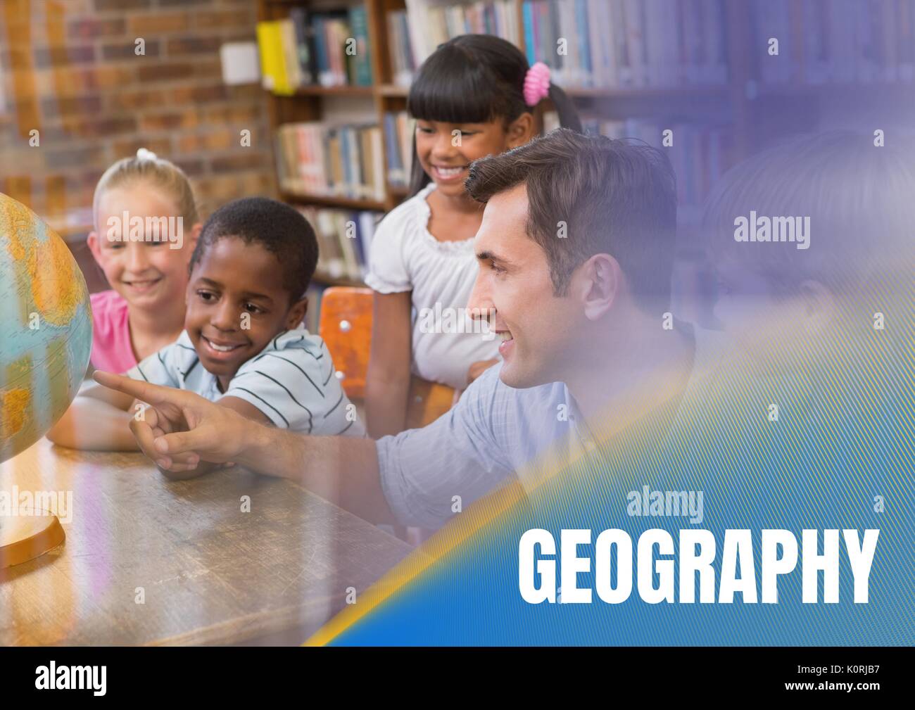 Digital composite of Geography text and Elementary school teacher with ...