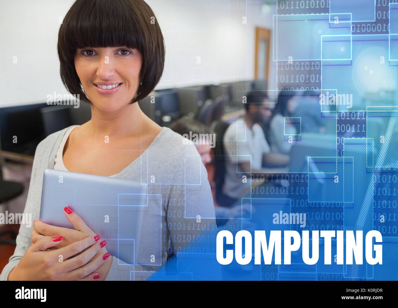 Digital composite of Computing text and University teacher with class ...
