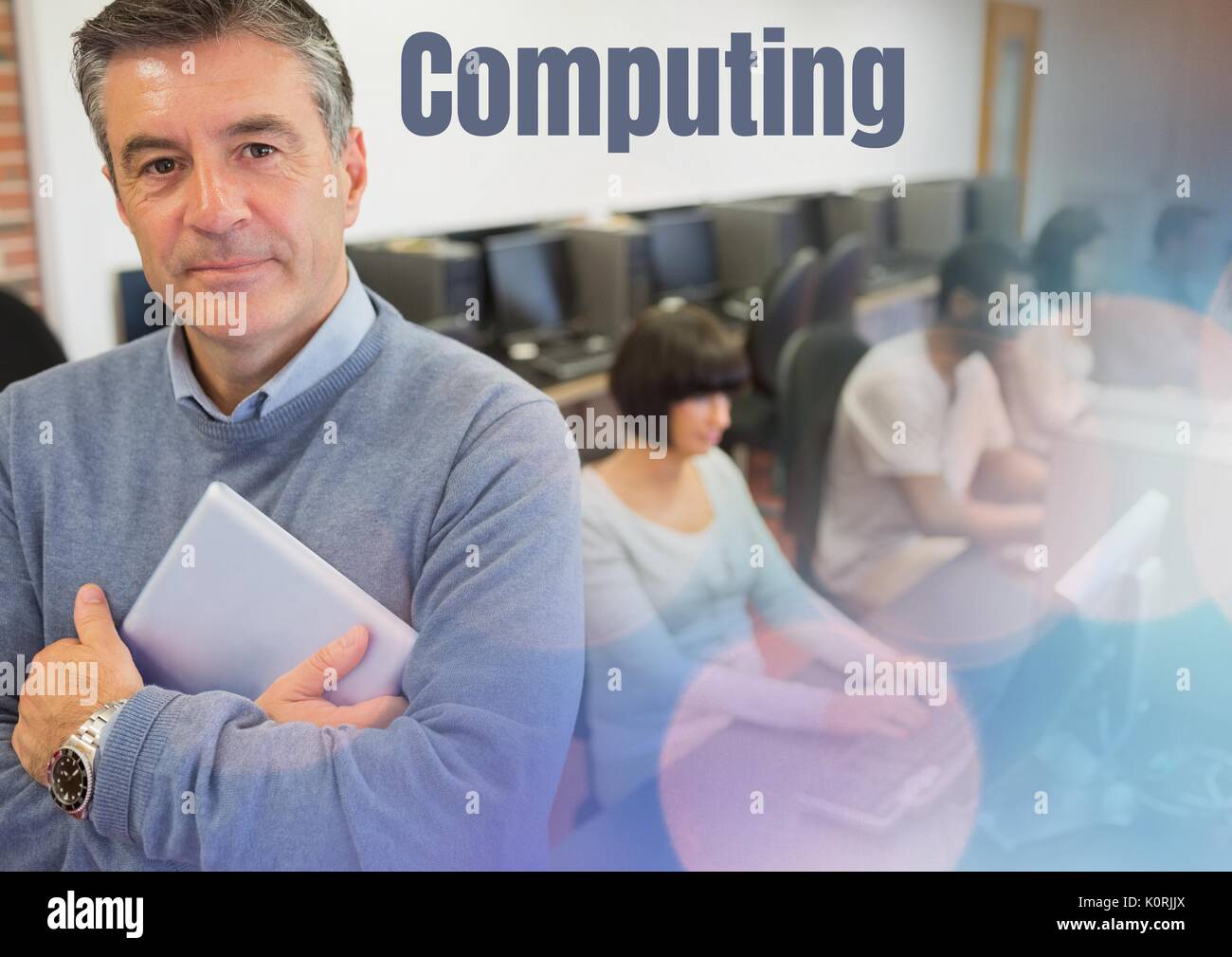 Digital composite of Computing text and University teacher with class ...