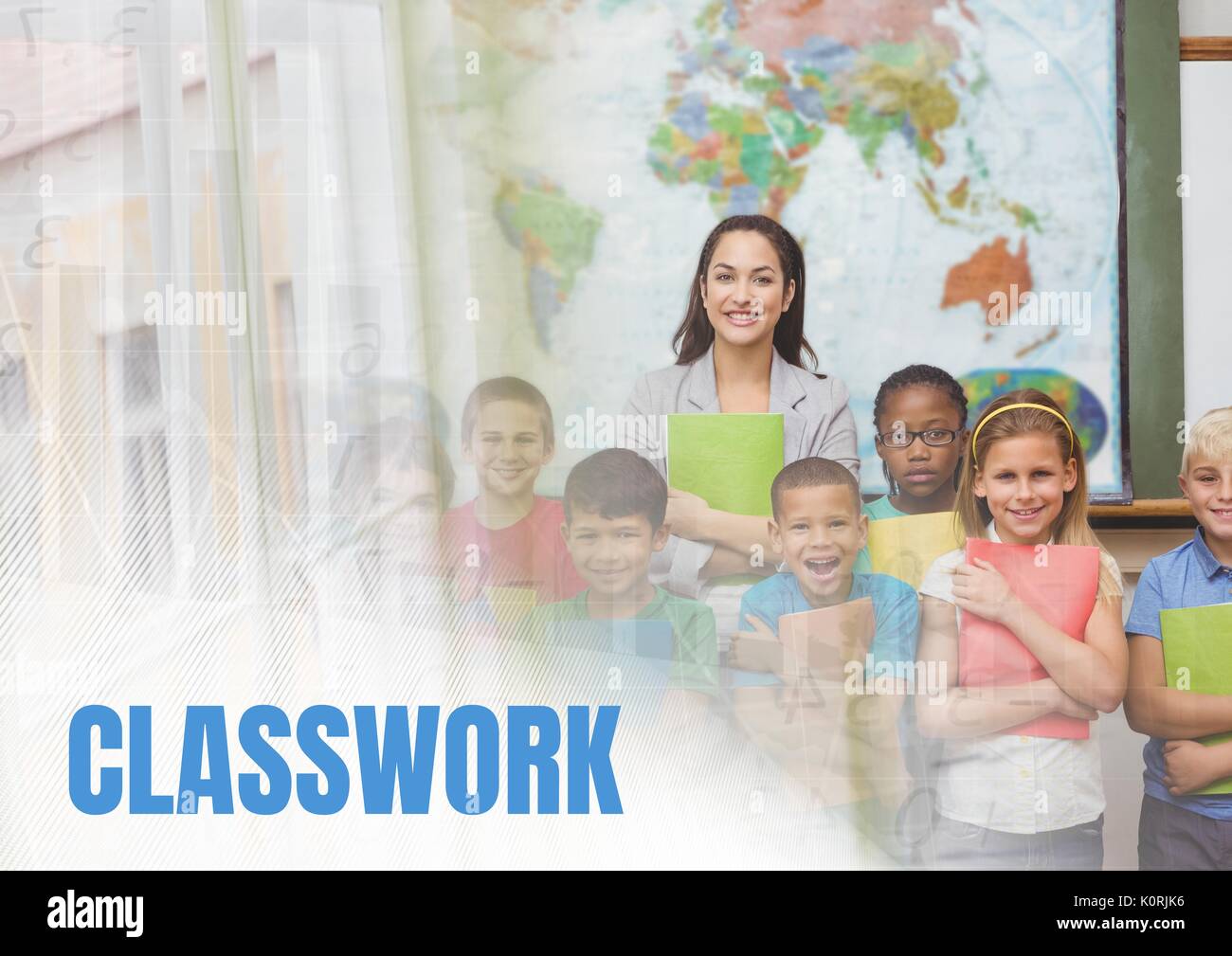 Digital composite of Classwork text and Elementary school teacher with ...