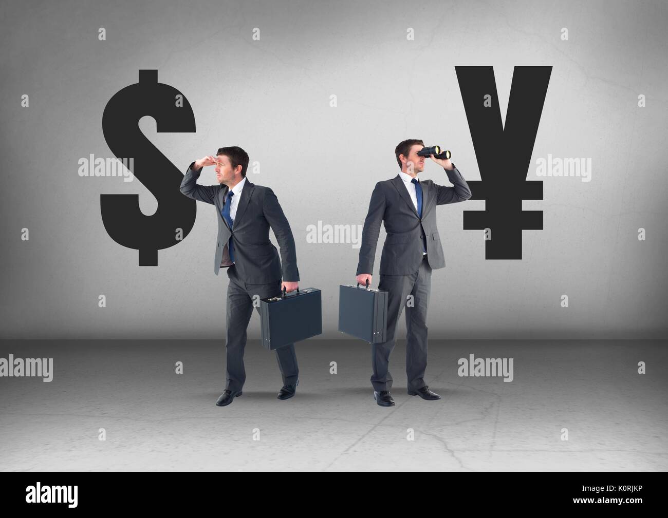 Digital composite of Dollar or Yen with Businessman looking in opposite ...