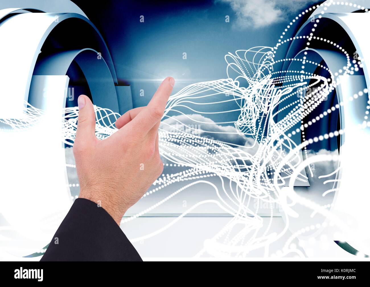 Digital composite of Hand touching and interacting with futuristic ...