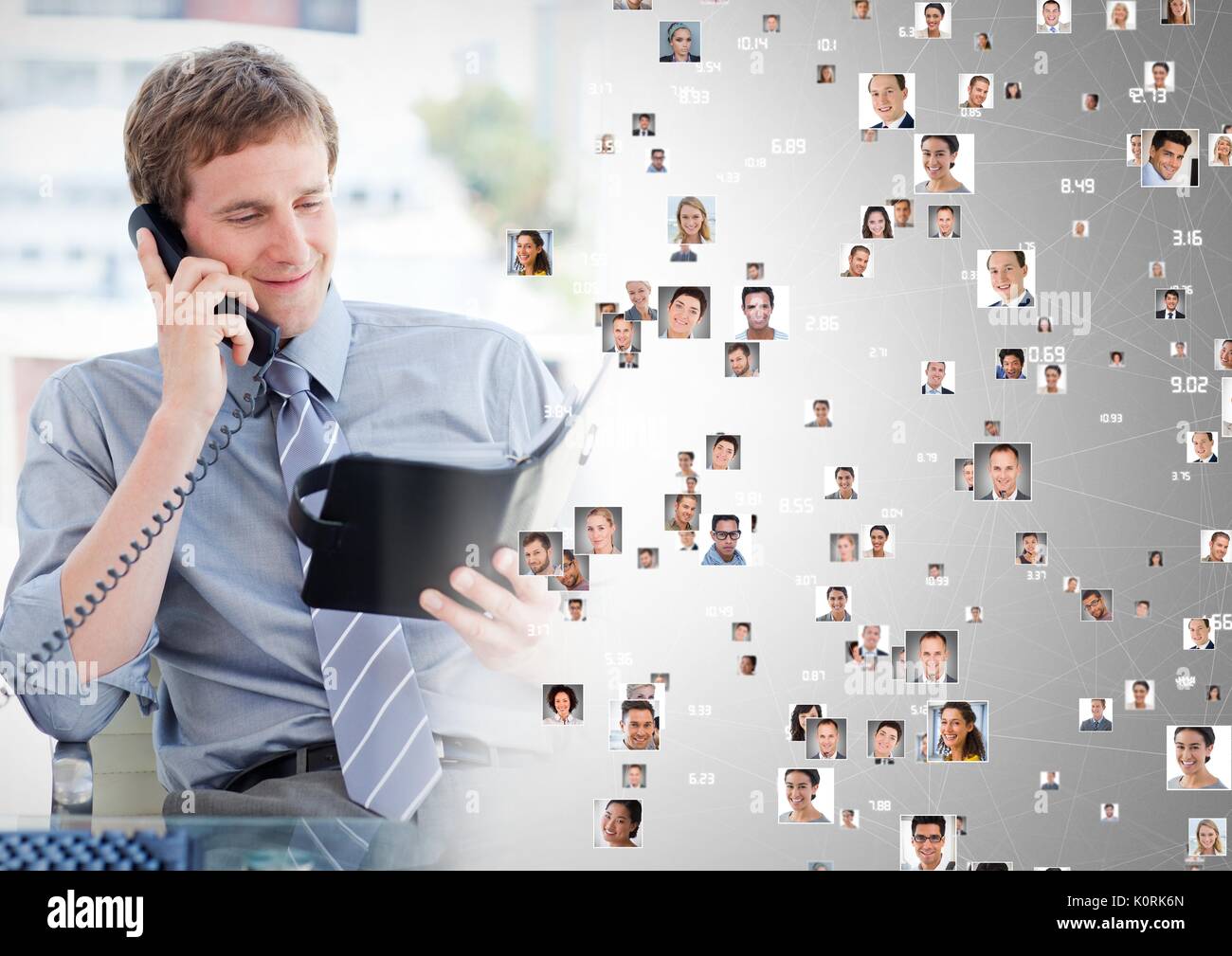 Digital composite of Man holding phone and contact book with Profile ...
