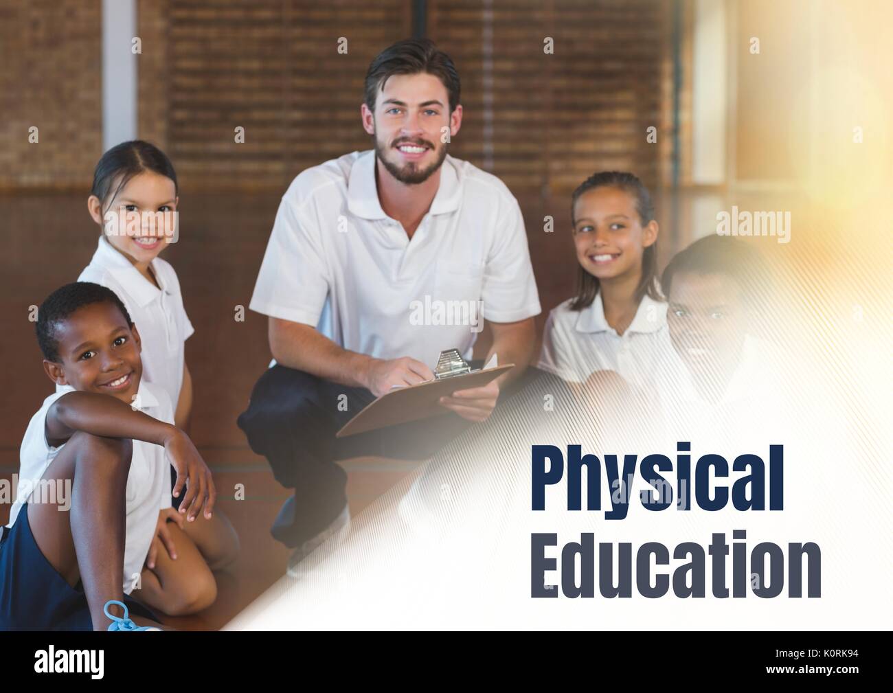 Digital composite of Physical education text and teacher with class ...