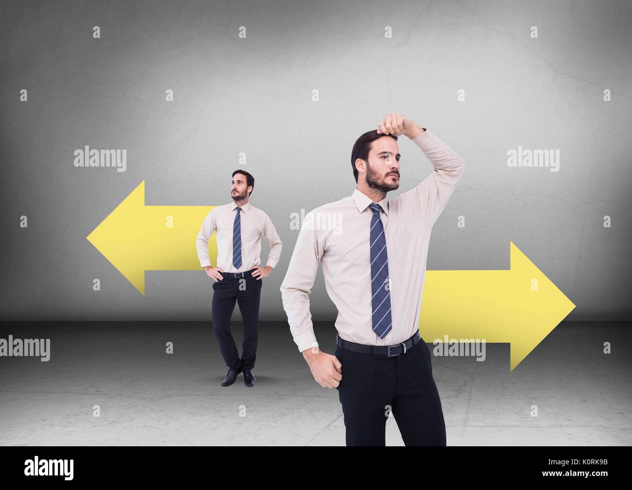 Digital composite of Left or right arrows with Businessman looking in ...