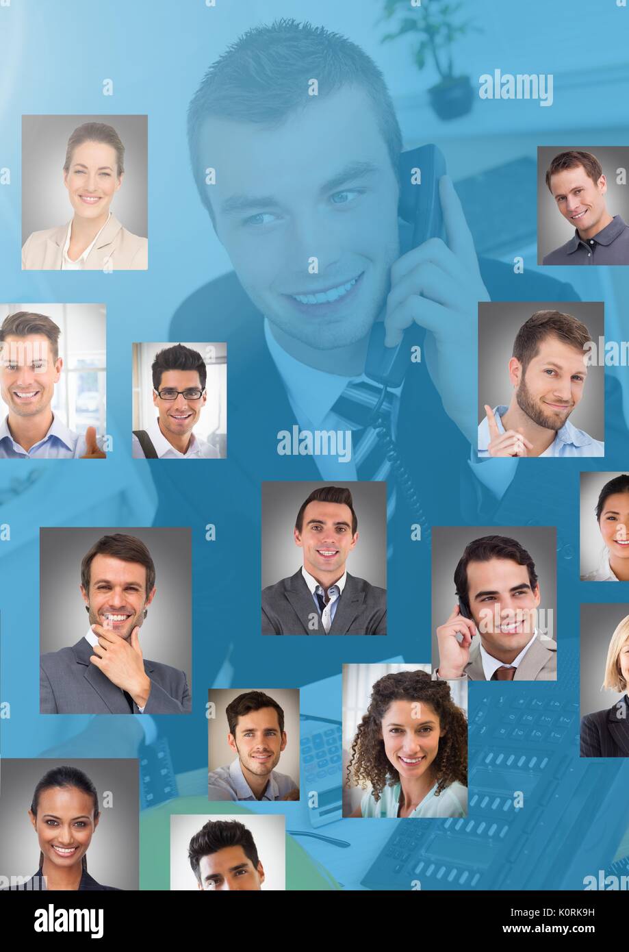 Digital composite of Man holding phone with Profile portraits of people ...