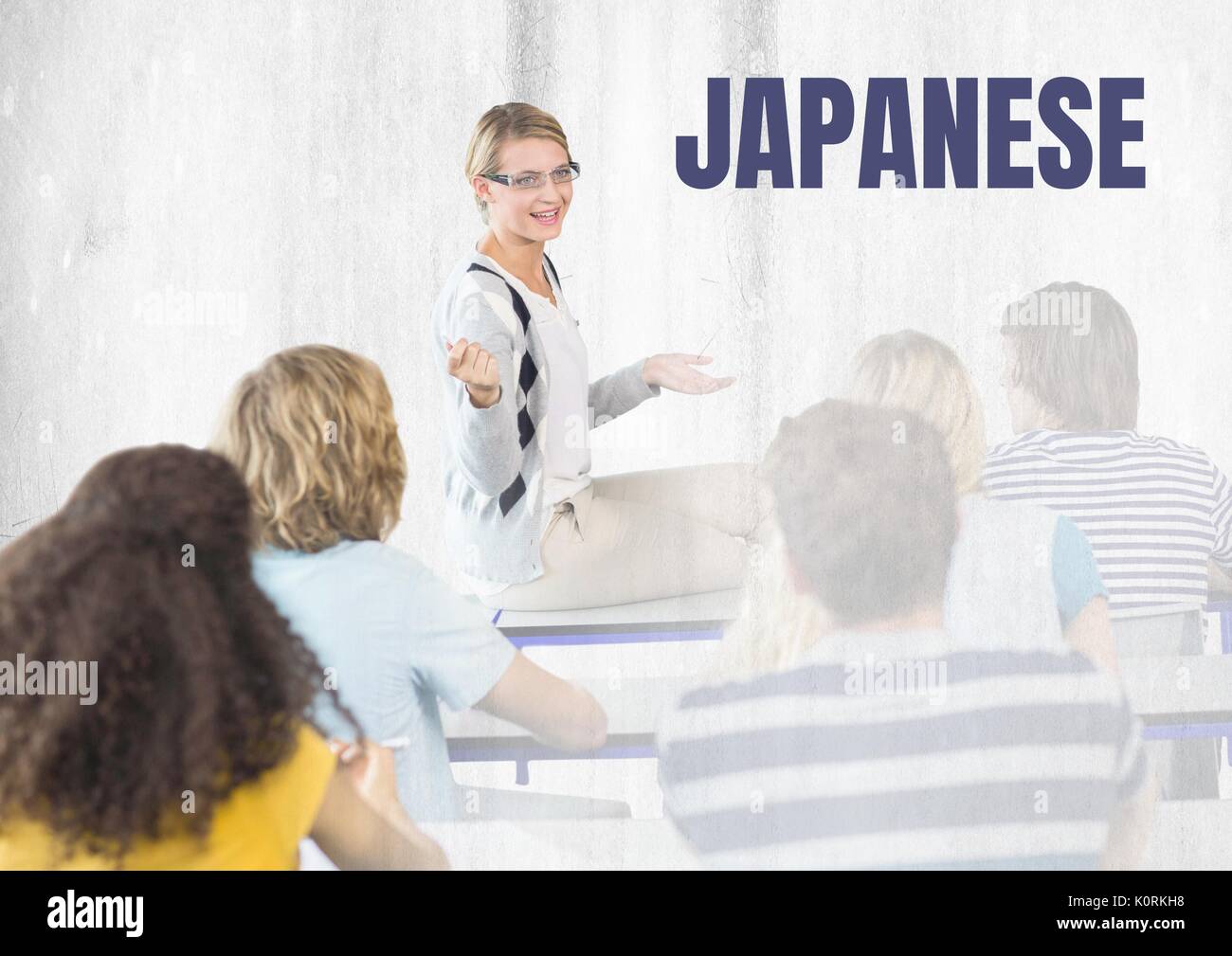 Digital composite of japanese text and teacher with class Stock Photo ...