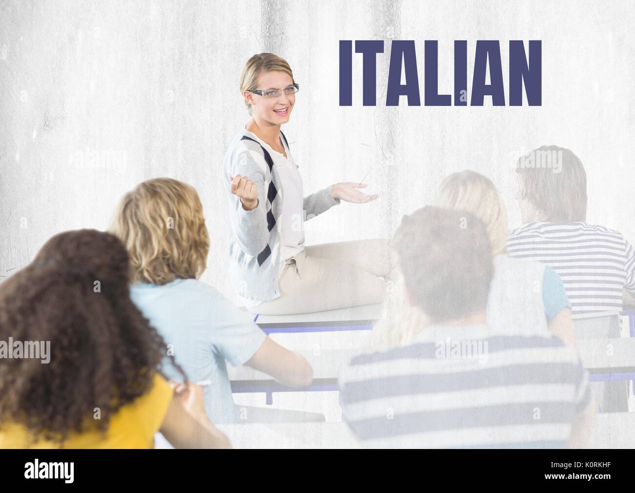 Digital composite of Italian text and teacher with class Stock Photo ...