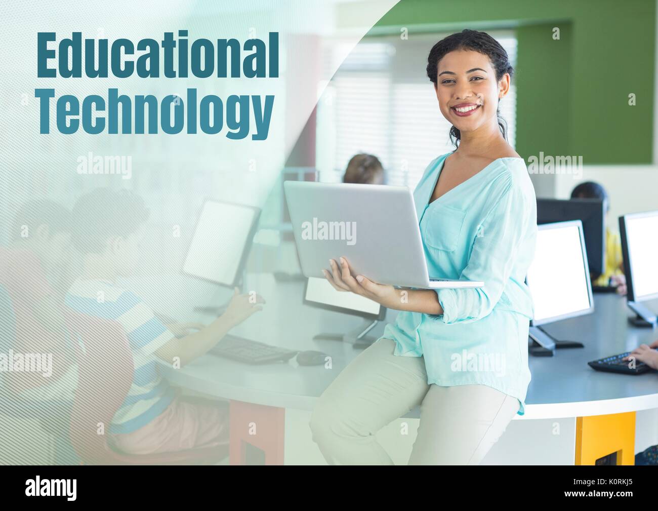Digital composite of Educational technology text and Teacher with class ...