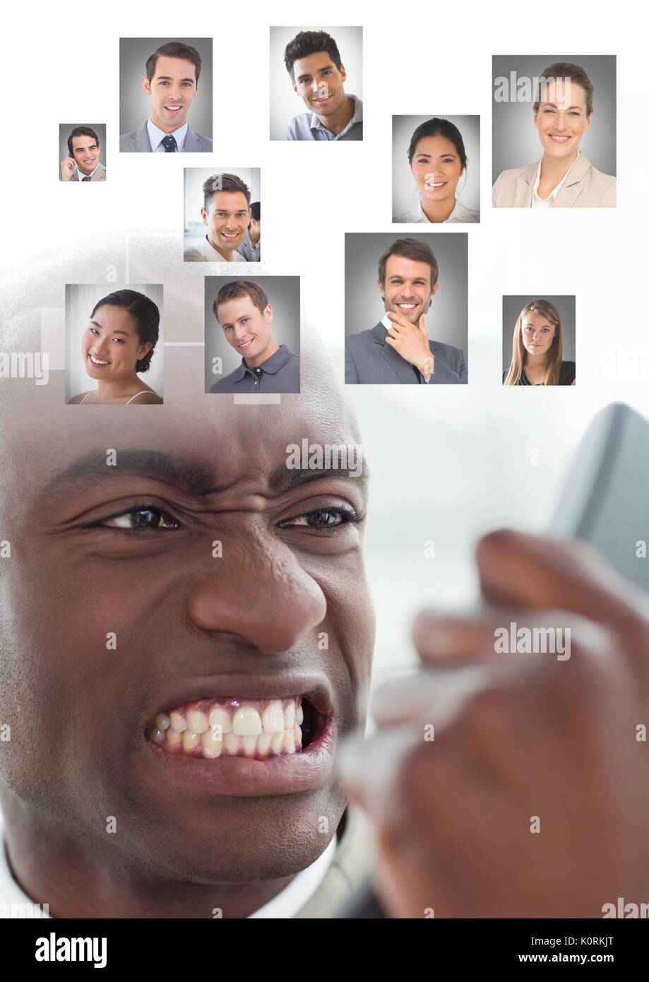 Digital composite of Angry frustrated Man holding phone with Profile ...