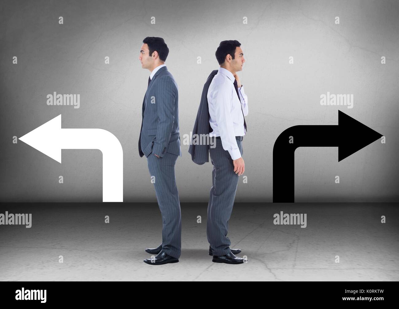 Digital composite of Left or right arrows with Businessman looking in ...