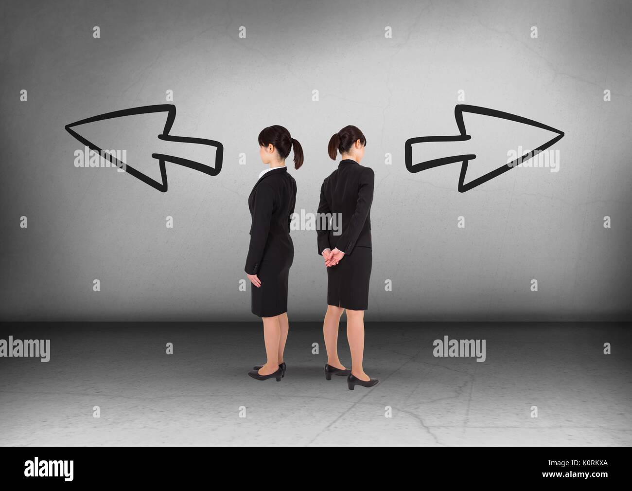 Digital composite of Left or right arrows with Businesswoman looking in ...