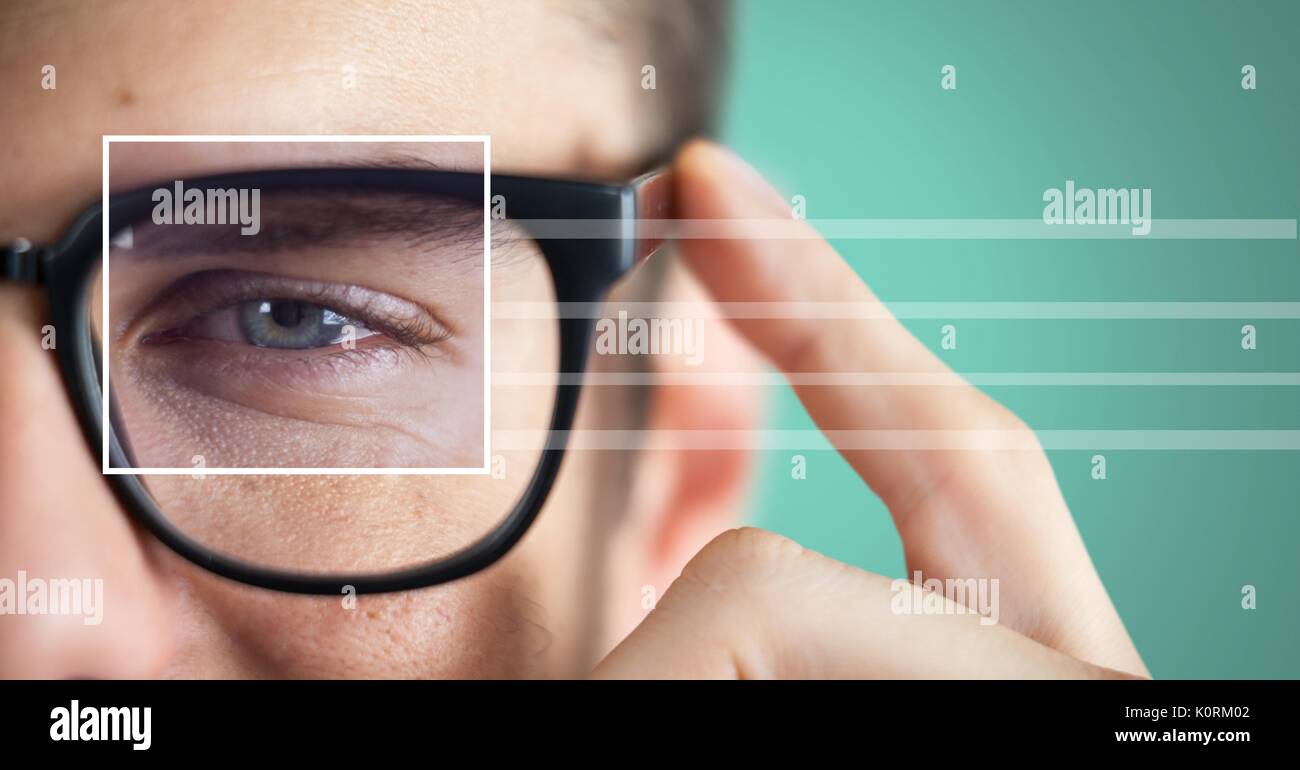 Digital composite of man with eye focus box detail over glasses and ...