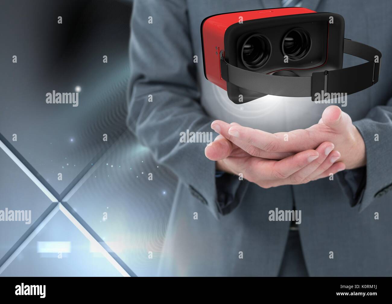 Digital composite of Hands holding and interacting with virtual reality ...