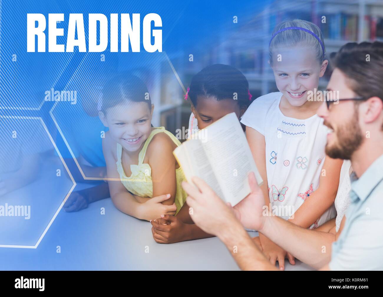 Digital composite of Reading text and Elementary school teacher with ...