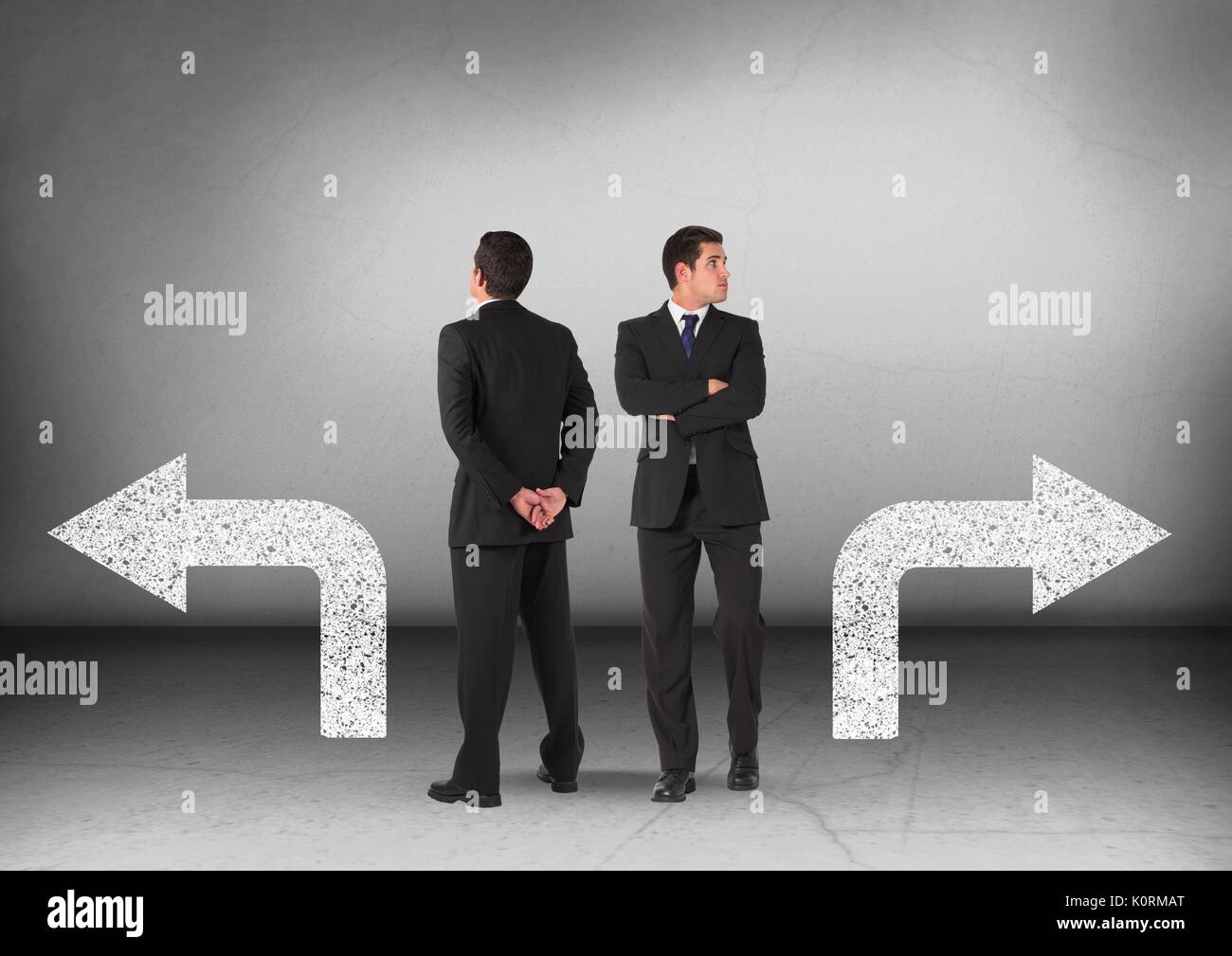 Digital composite of Left or right arrows with Businessman looking in ...