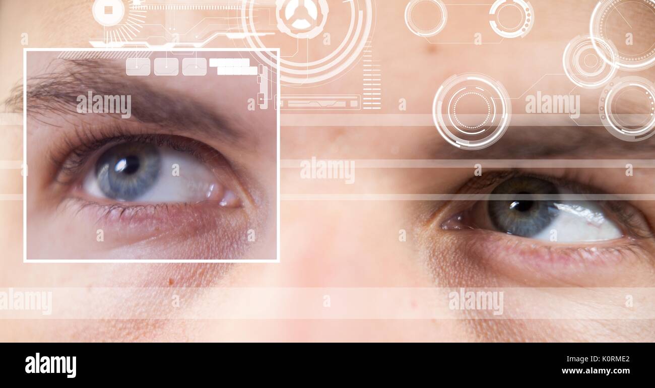 Digital composite of man with eye focus box detail and lines interface ...