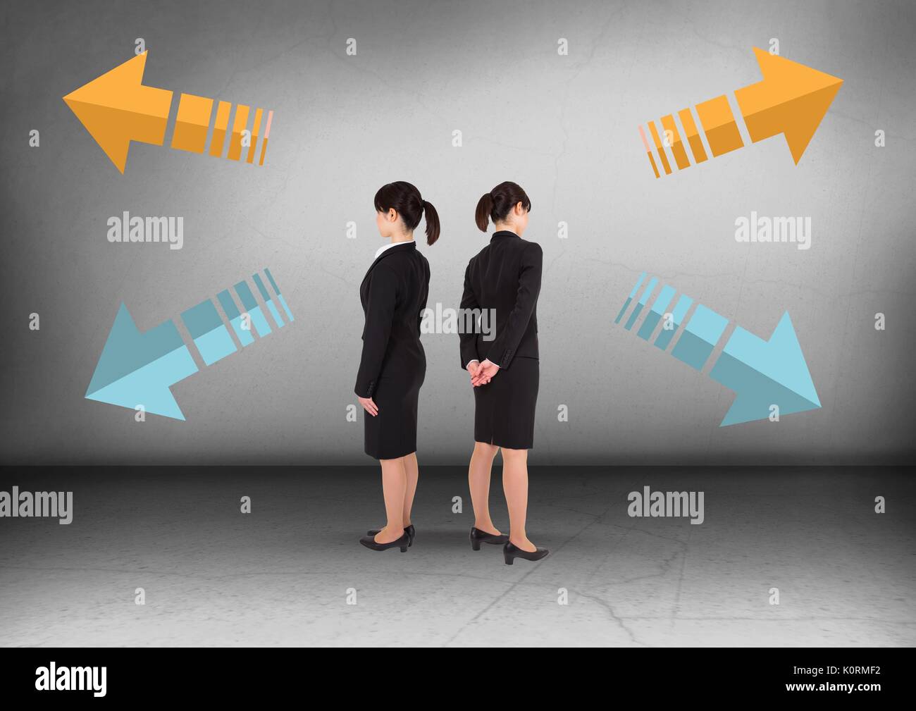 Digital composite of Arrows in different directions with Businesswoman ...