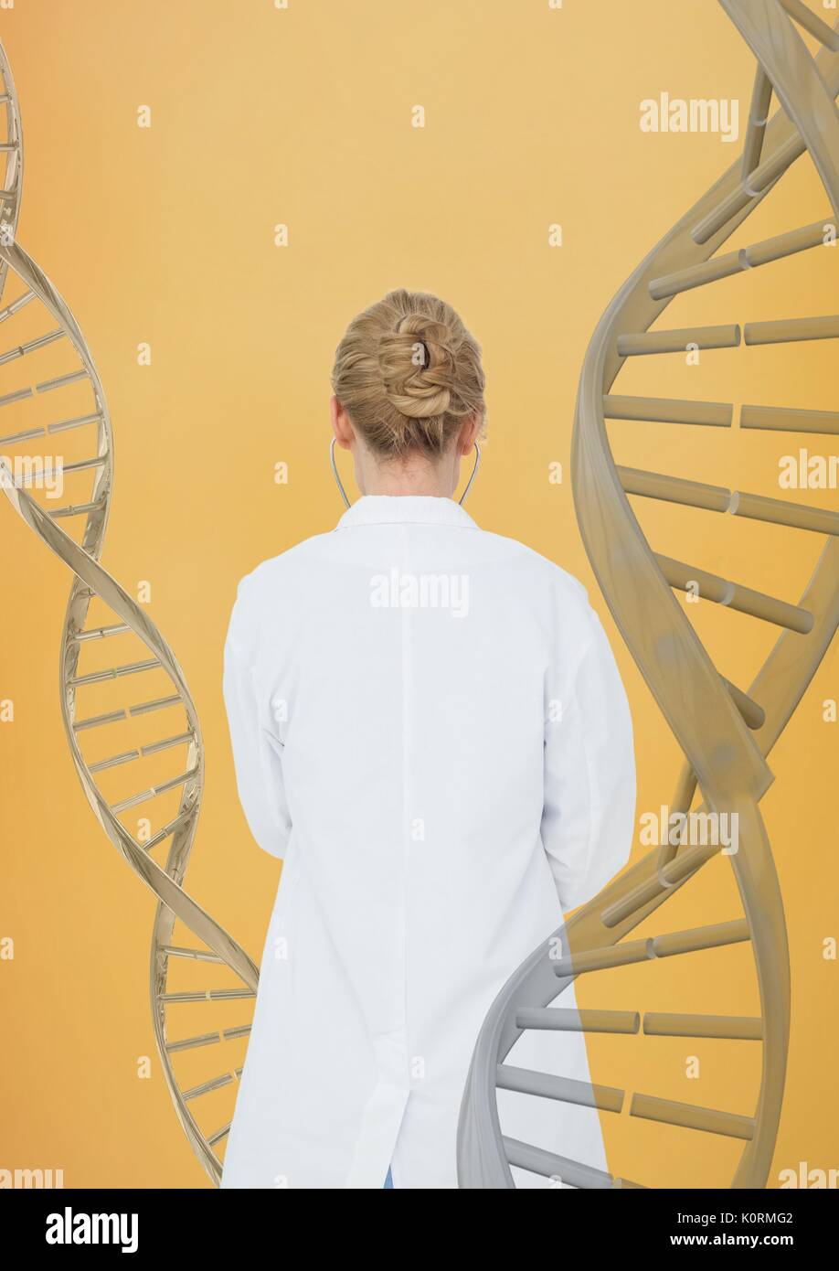 Digital composite of Doctor woman standing with 3D DNA strands against ...