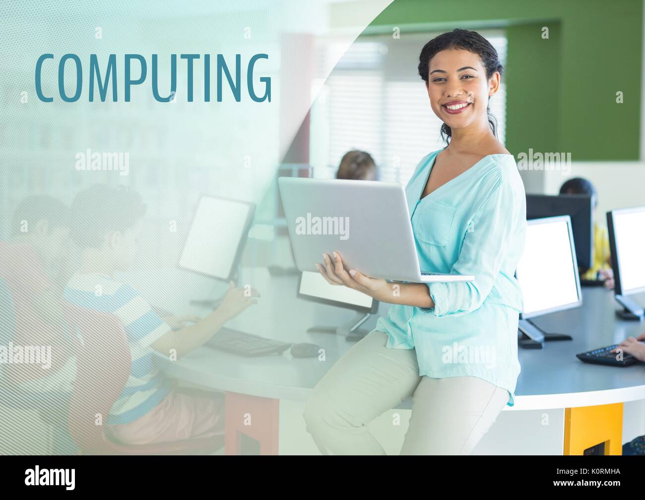Digital composite of Computing text and Teacher with class in computer ...