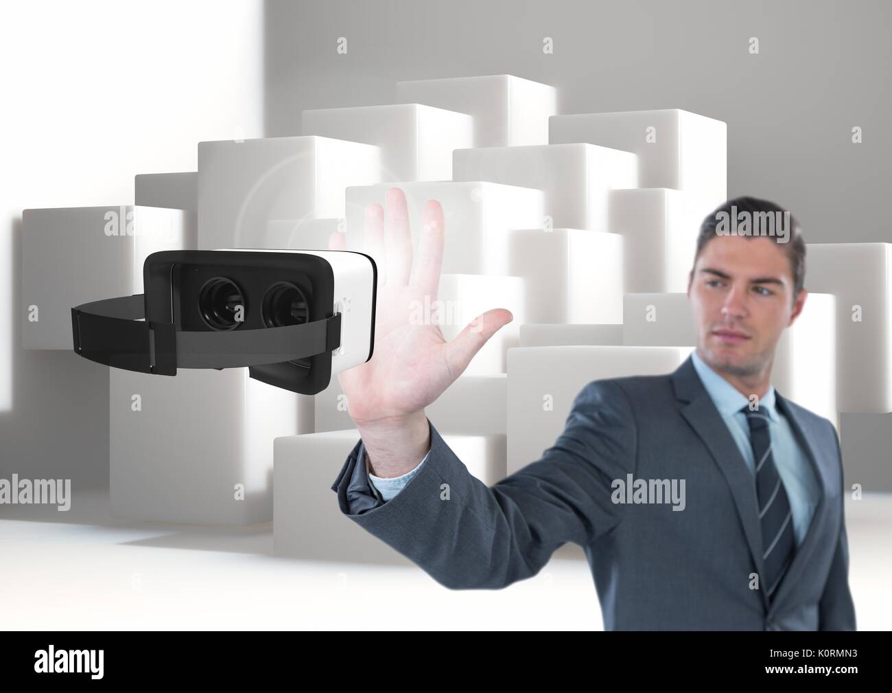 Digital composite of Man touching and interacting with virtual reality ...