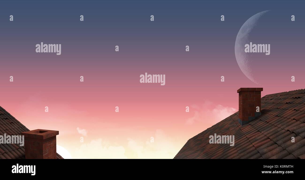 Digital composite of Roofs with chimney and moon sky Stock Photo - Alamy