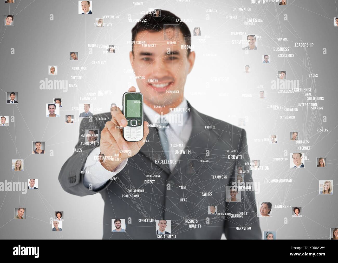 Digital composite of Man holding phone with Profile portraits of people ...