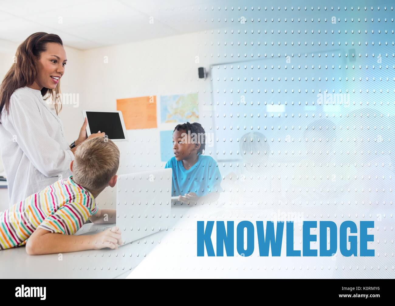 Digital composite of Knowledge text and Elementary school teacher with ...