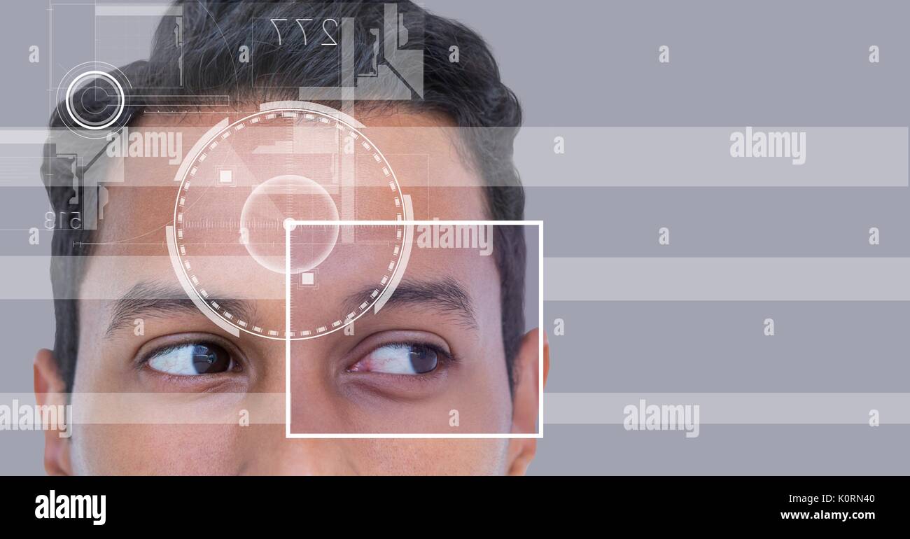 Digital composite of man with eye focus box detail and lines interface ...