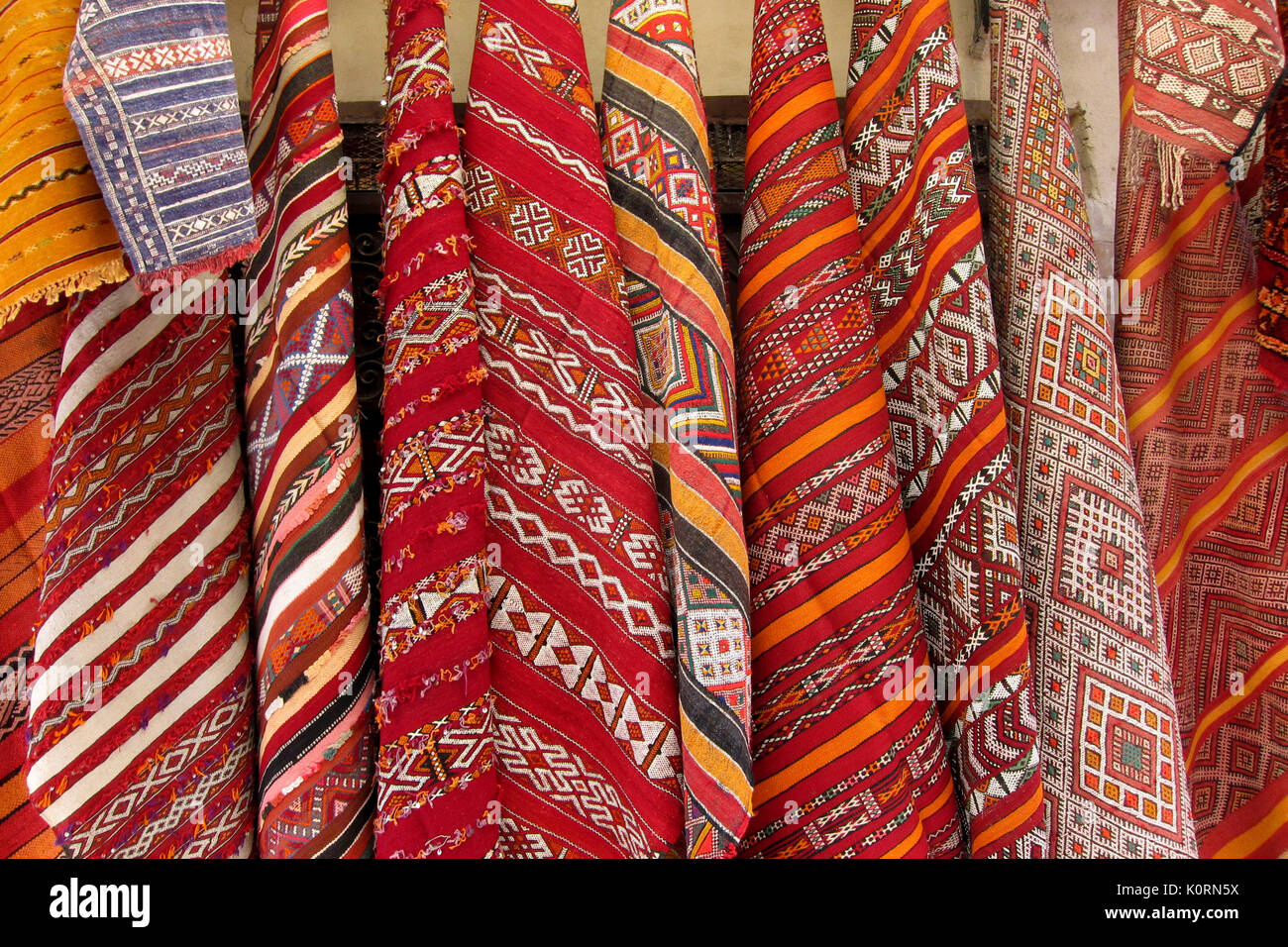 Moroccan carpets and textiles on show in the Medina of Fes, Morocco ...