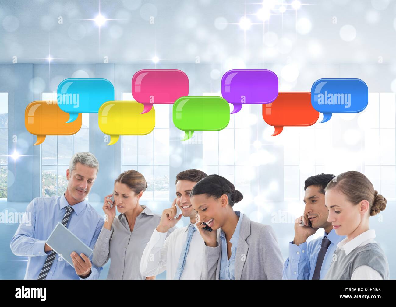 Digital composite of Business people on phone with shiny chat bubbles ...