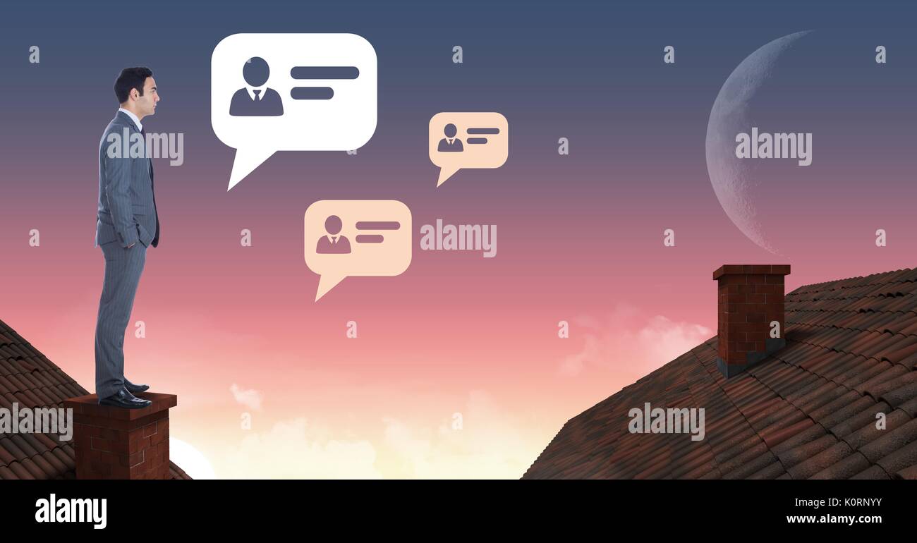 Digital composite of Chat profile icons and Businessman standing on ...