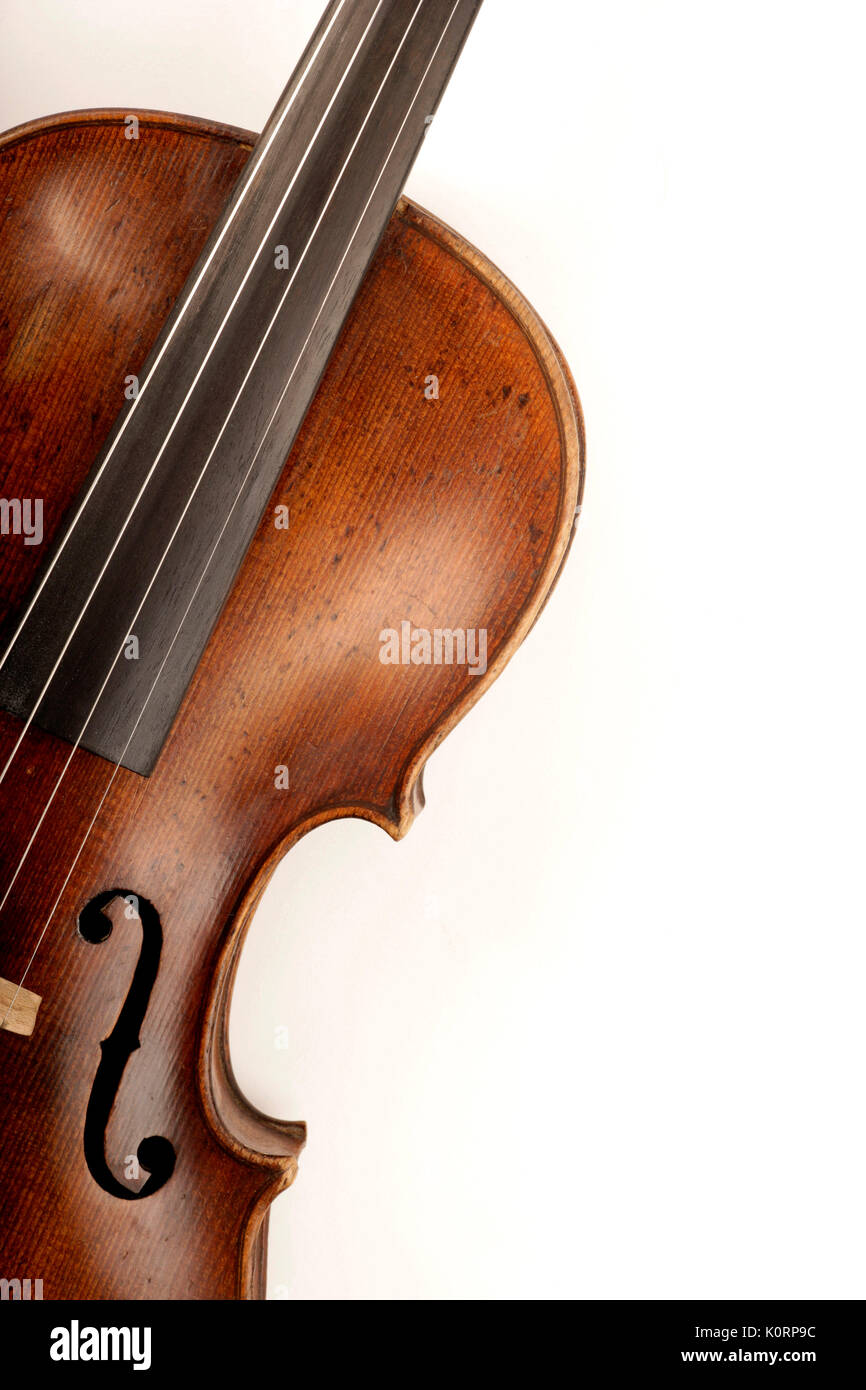 Violin, close up of instrument detail showing the f hole and strings ...