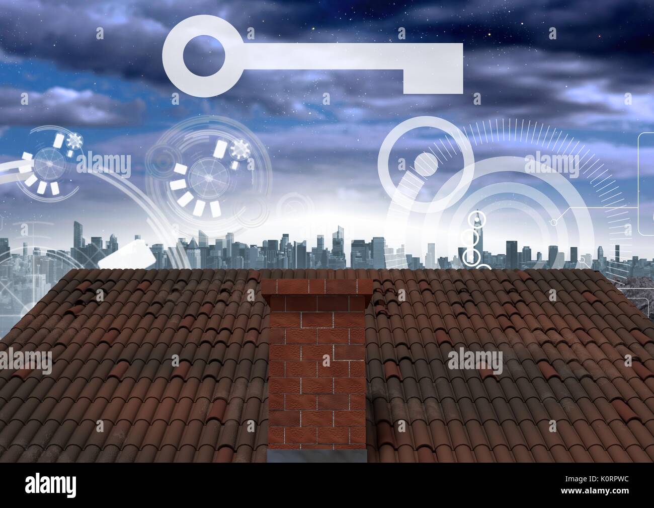 Digital composite of Key and interface over roof and city Stock Photo ...