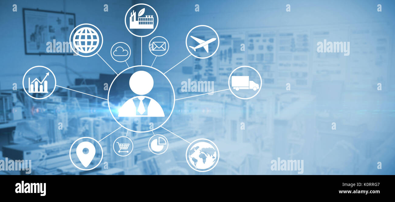 Composite image of human representation amidst various icons against ...